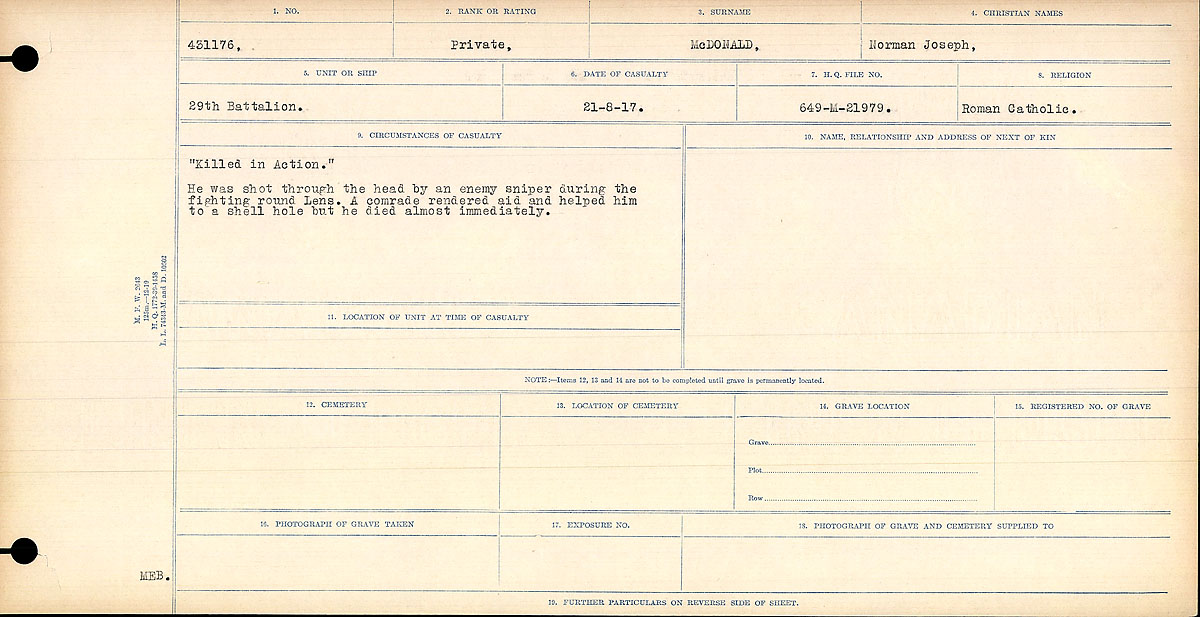 Private Norman Joseph McDonald – Perspectives On The Front